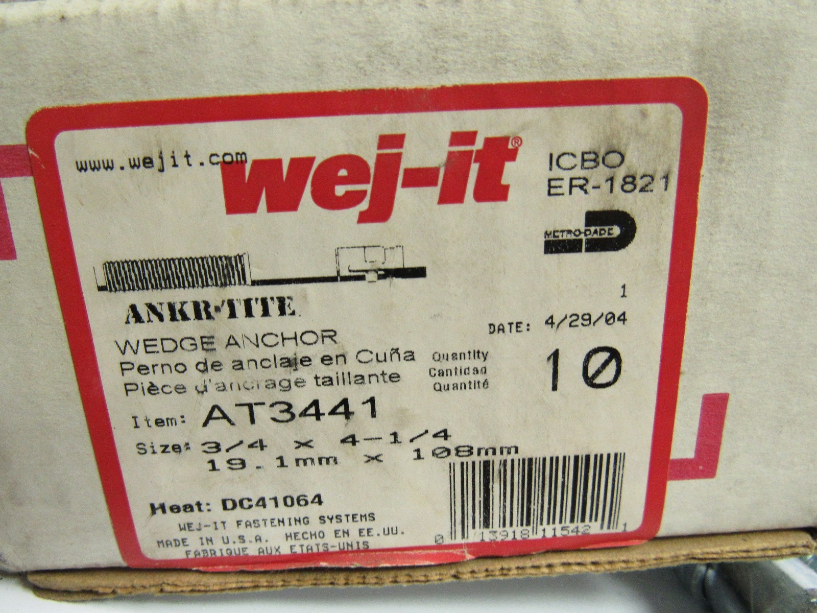 Wej-it Ankr-Tite Wedge Anchor AT3441 3/4" X 4-1/4" 19.1mm X 108mm Lot ...