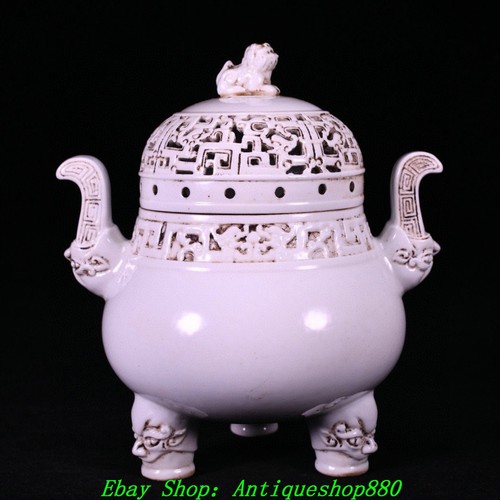 7.6''White Glaze Porcelain Tiger Head 3 Leg Hollow Out Incense Burner ...