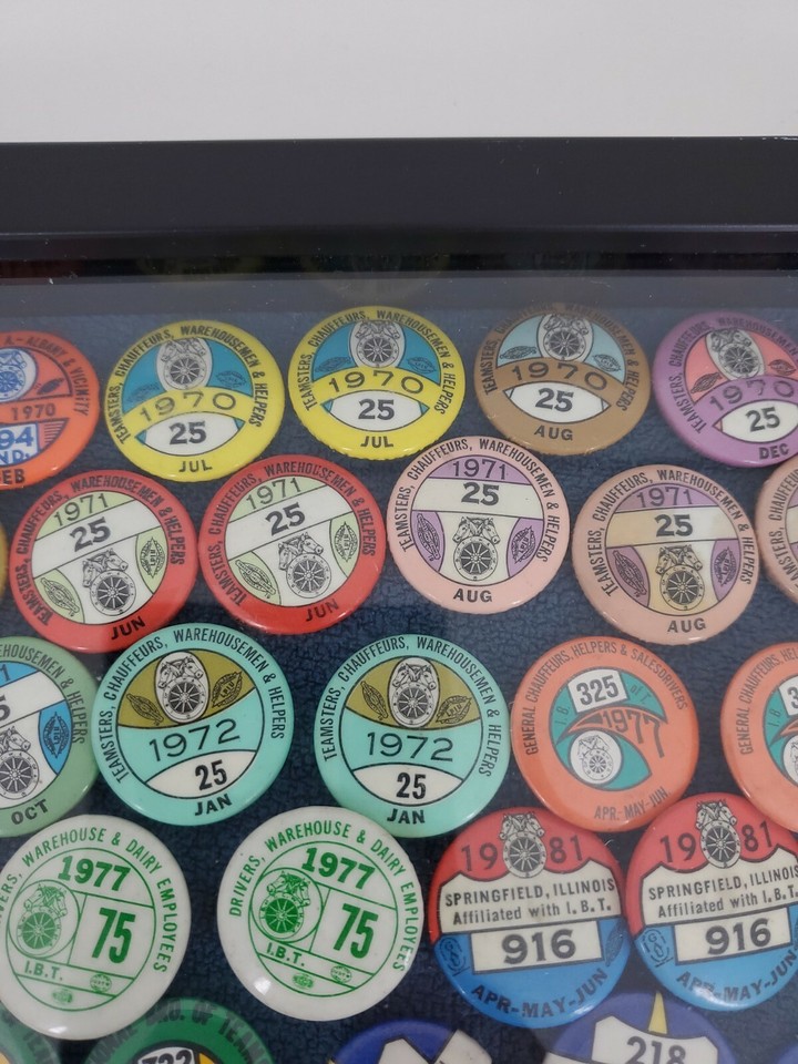 framed display lot 55 vintage 1970s 80s TEAMSTERS PINS Union IBT metal ...