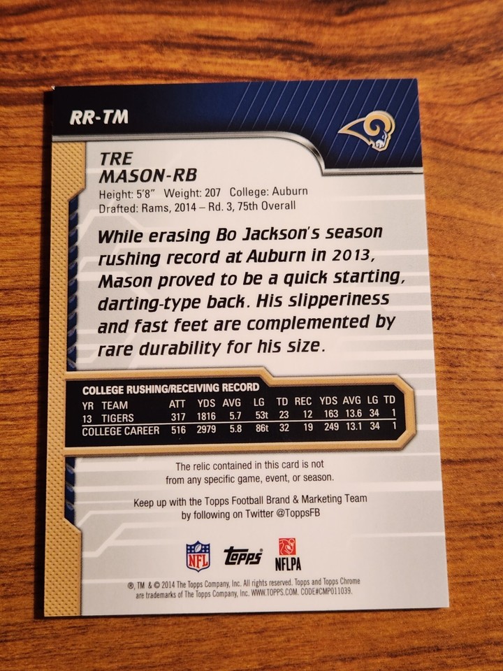 Tre Mason 2014 Topps Chrome Rookie Relics Jersey #RR-TM Rams Auburn | eBay