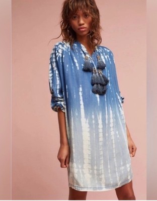 Anthropologie Tina Jo Dina Tassel Tie Dye Dress SZ Medium Blue White | eBay