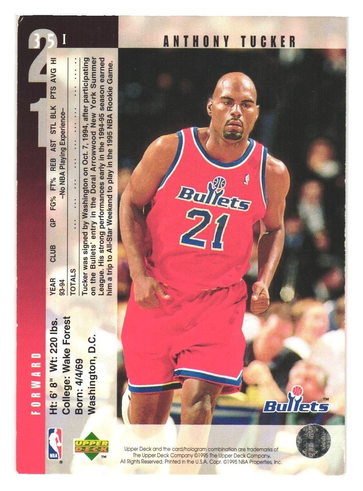 1993-94 Upper Deck SE NBA Basketball Washington Bullets Anthony Tucker ...