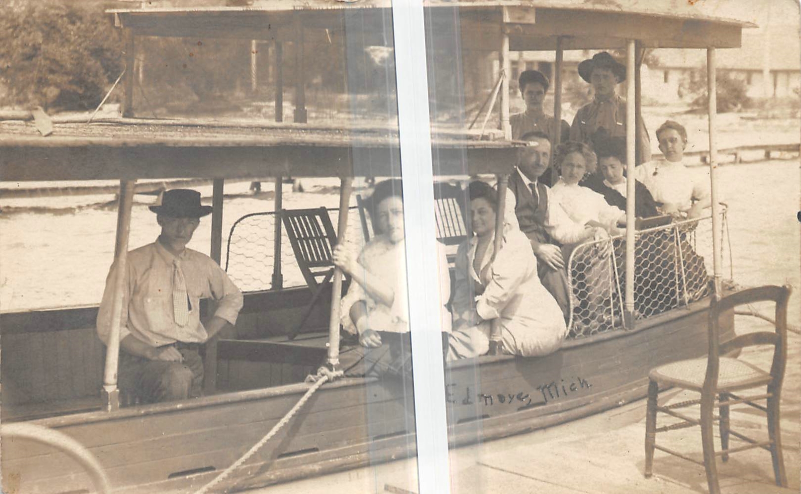 EDMORE Michigan postcard RPPC Montcalm County boat boating ferry ...