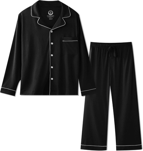 Mens Bamboo Cool Pajama Set Soft Long Sleeve Button Down Sleepwear with ...