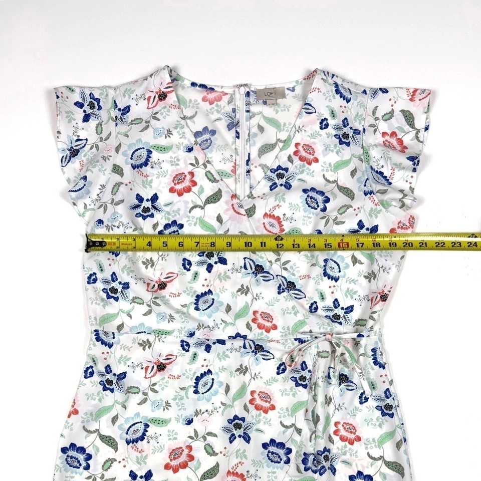 Loft Outlet Floral Flutter Sleeve Wrap Dress White Blue Red Size 16 ...