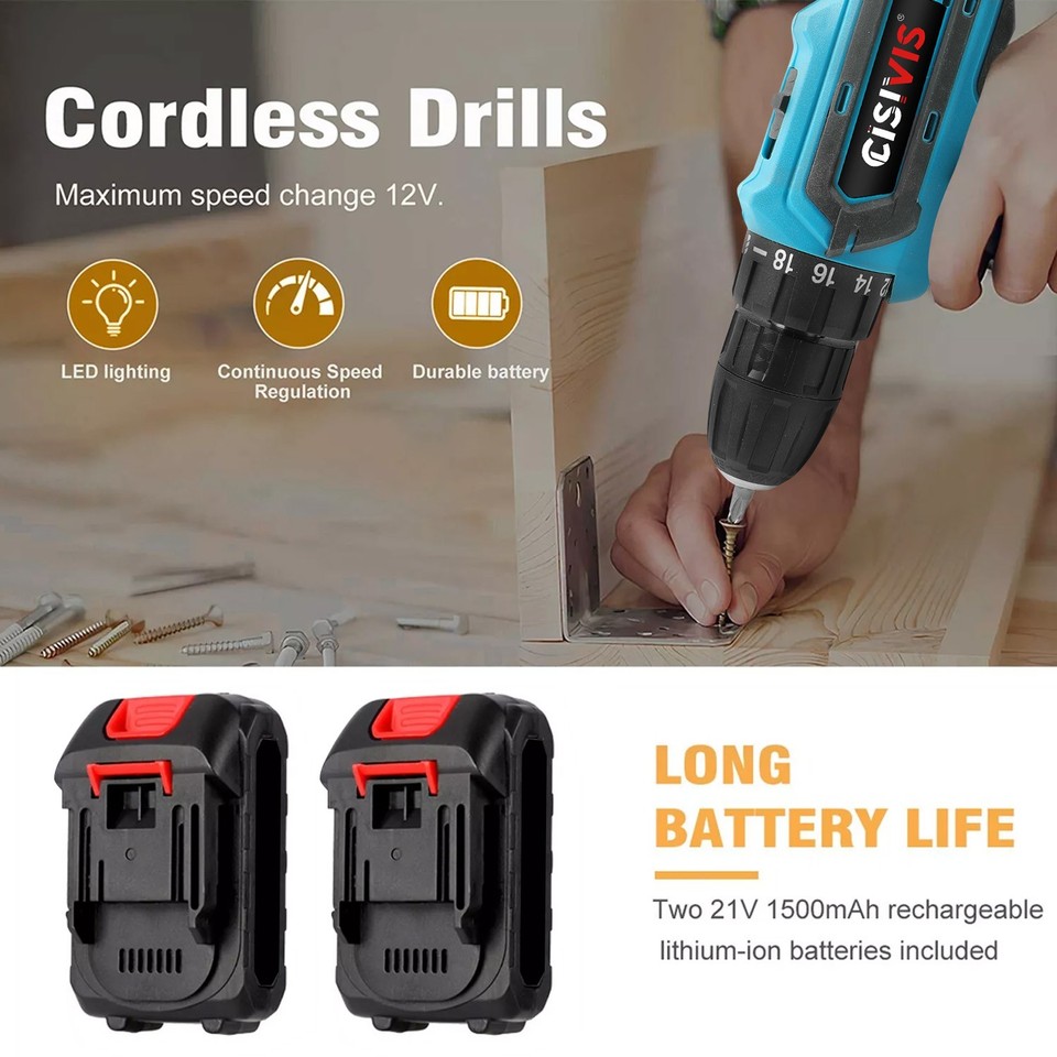 2 Battery 21V Cordless Drill Combi Driver High Power Electric ...