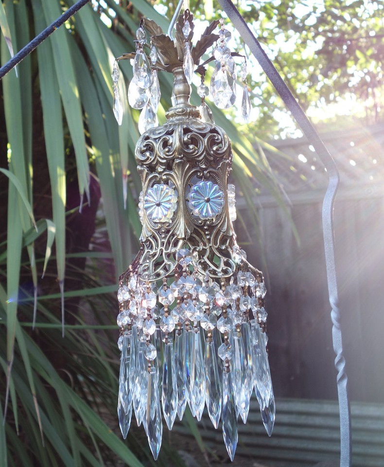 Jeweled Tulip lily filigree hanging lamp chandelier Vintage spelter ...
