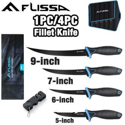 FLISSA Fillet Knife Cutting Notch Non-Slip Handle w/Black Sheath 5''/6 ...