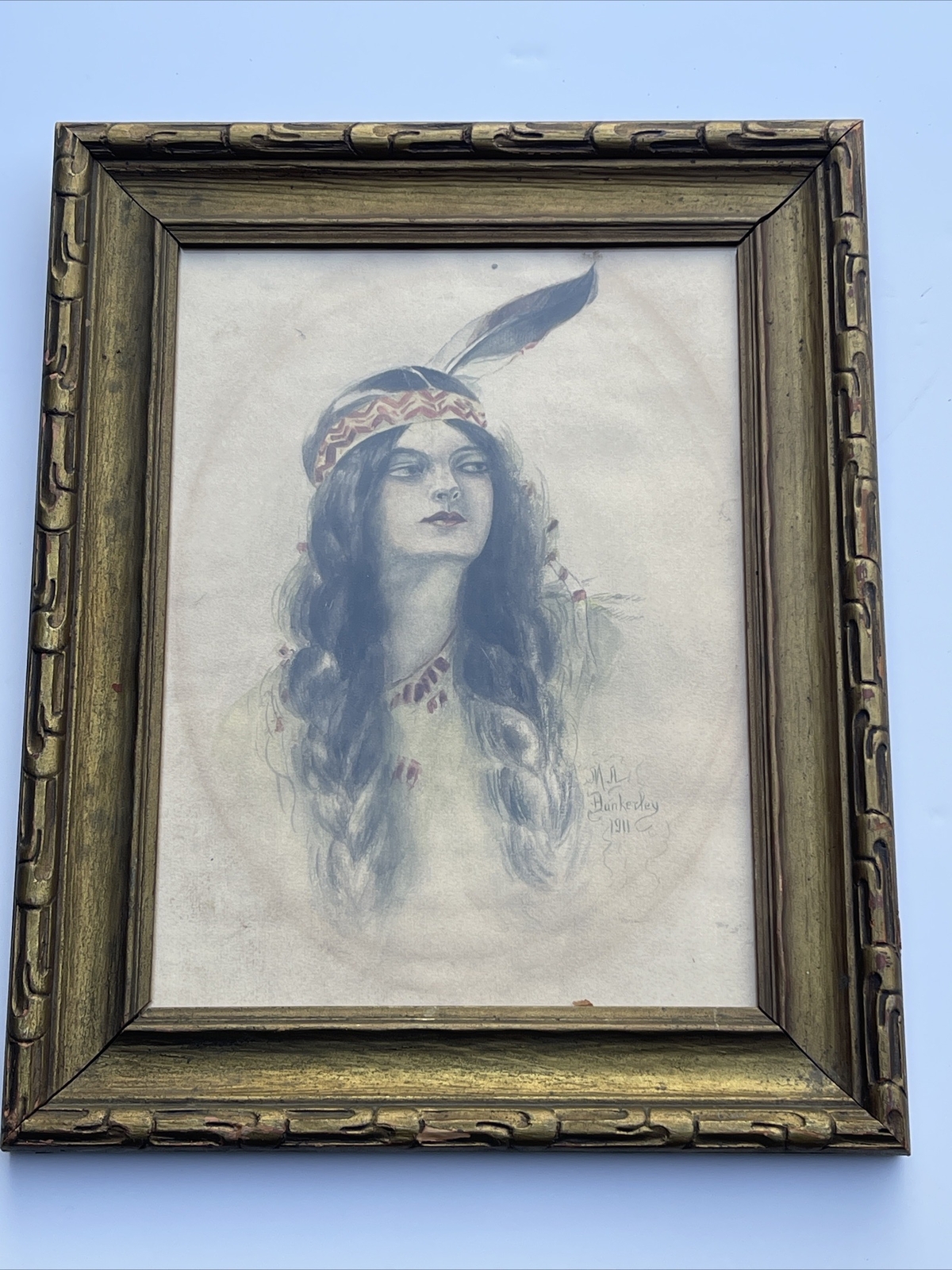 Antique NATIVE AMERICAN INDIAN PAINTING SIGNED 1911 WOMAN MODEL CARVED ...