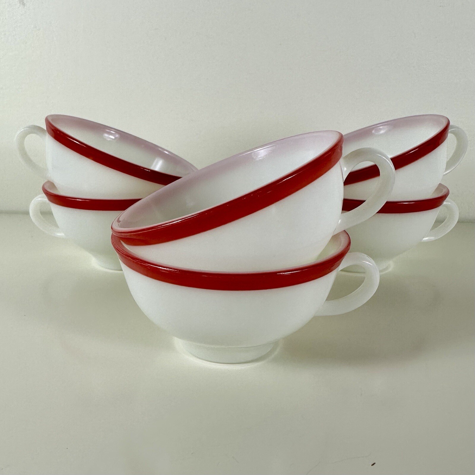 Vintage Pyrex Milk Glass Coffee Cups Red Trim Set Of 6 VGUC | eBay