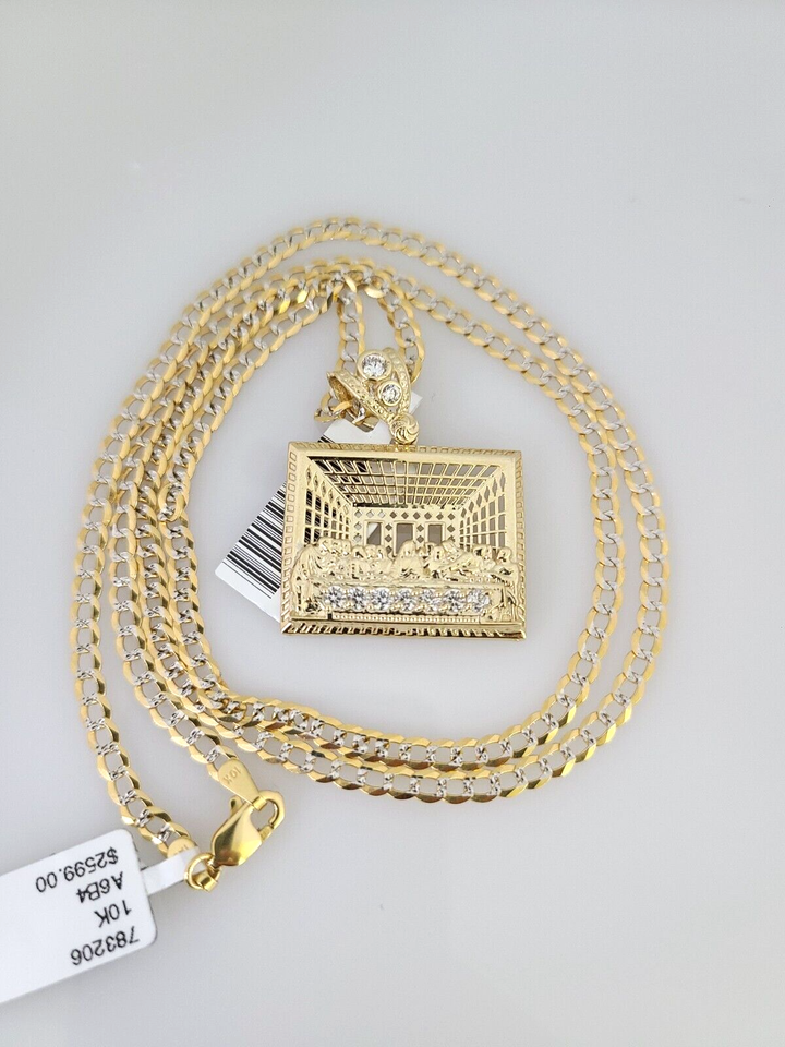 10k Gold Solid Cuban Curb Chain Last Supper Pendant Set 3mm 18"-26 ...