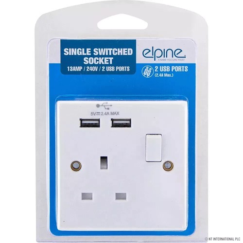 13AMP SINGLE SOCKET SWITCH PLUG 2 USB OUTLET POWER ELECTRIC WALL HOME ...