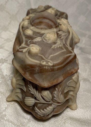 Vintage INCOLAY Stone Genuine Pink Rose Jewelry Trinket Box Handcraft ...