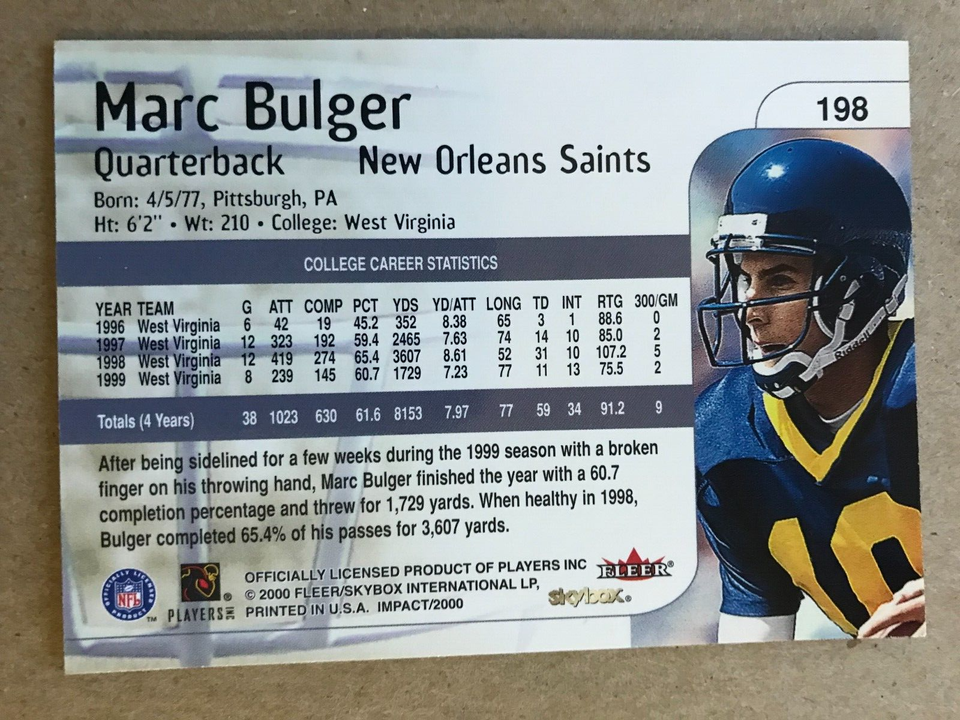 2000 Fleer Impact Marc Bulger Rookie RC #198 West Virginia Mountaineers ...
