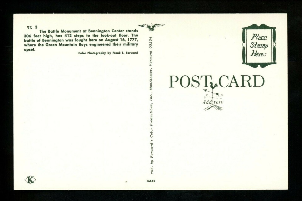Military postcard Battle of Bennington Vermont Monument chrome Curt ...