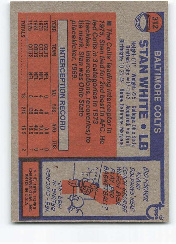 1976 Topps #312 Stan White EX Excellent Colts 115463 | eBay