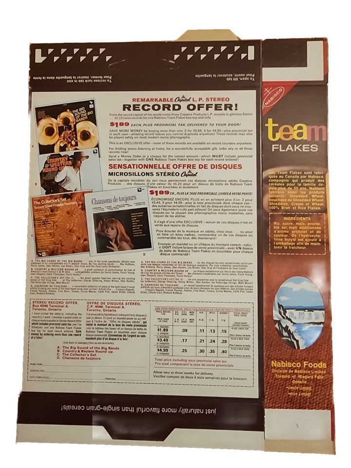1969 Vintage Nabisco TEAM FLAKES Cereal Box Capital LP Stereo Record ...