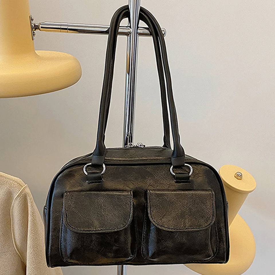 Women Fashion Armpit Bag Double Pocket PU Stylish Underarm Bags Solid ...