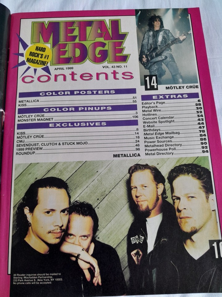 Metal Edge Music Magazine April 1999 Including Kiss/Metallica Posters ...