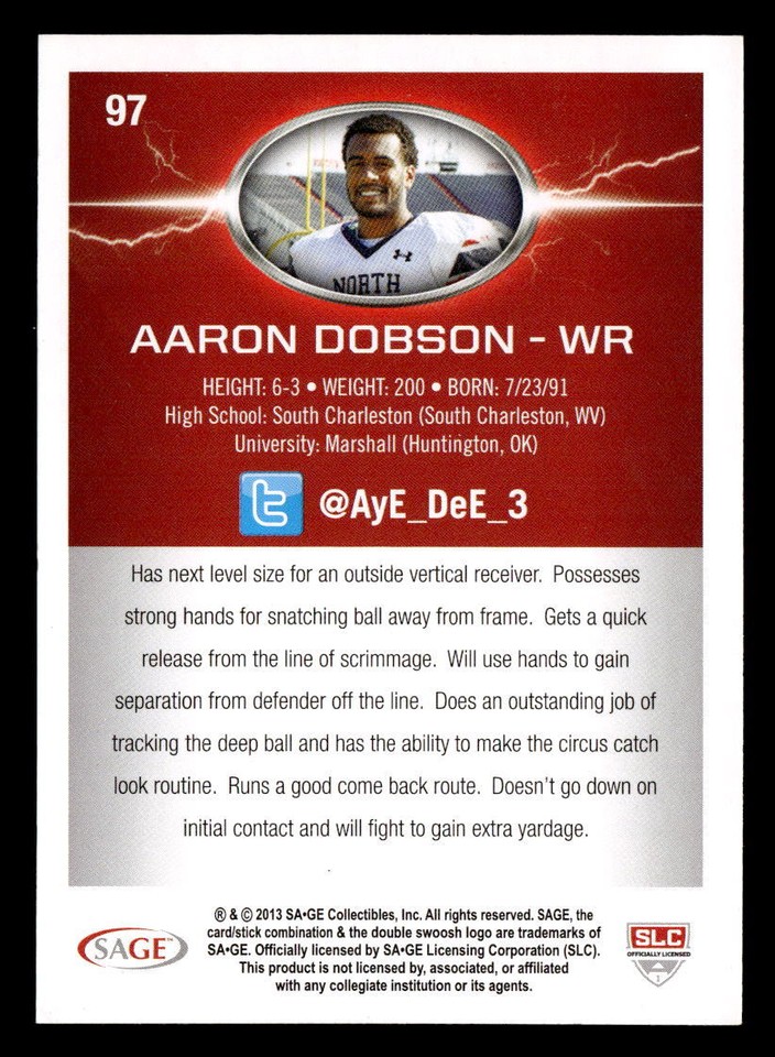 Aaron Dobson 2013 SAGE HIT Next Level Rookie Card #97 Marshall ...