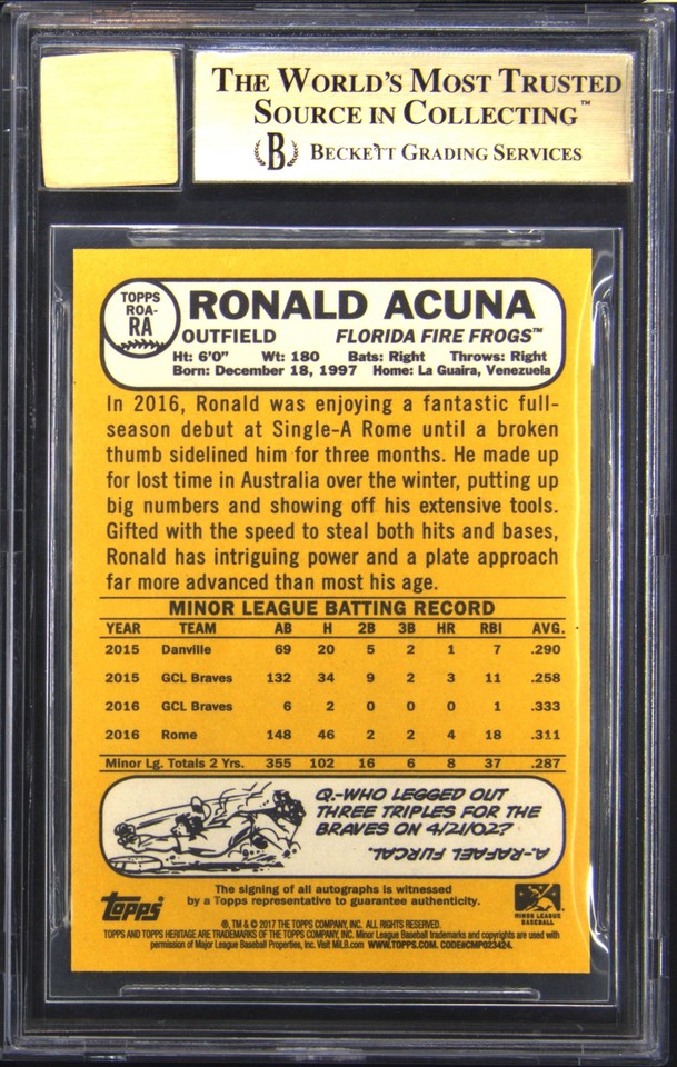 2017 Topps Heritage #ROARA Ronald Acuna Real One Autograph Autograde 10 ...
