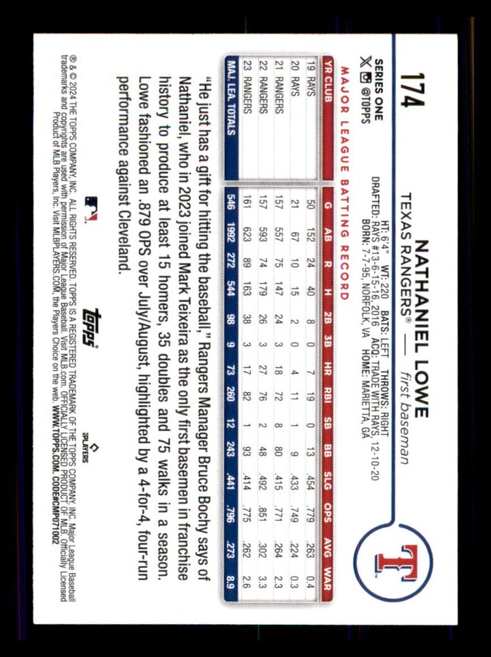 2024 BASEBALL 2024 Topps Nathaniel Lowe Texas Rangers #174 1 | eBay