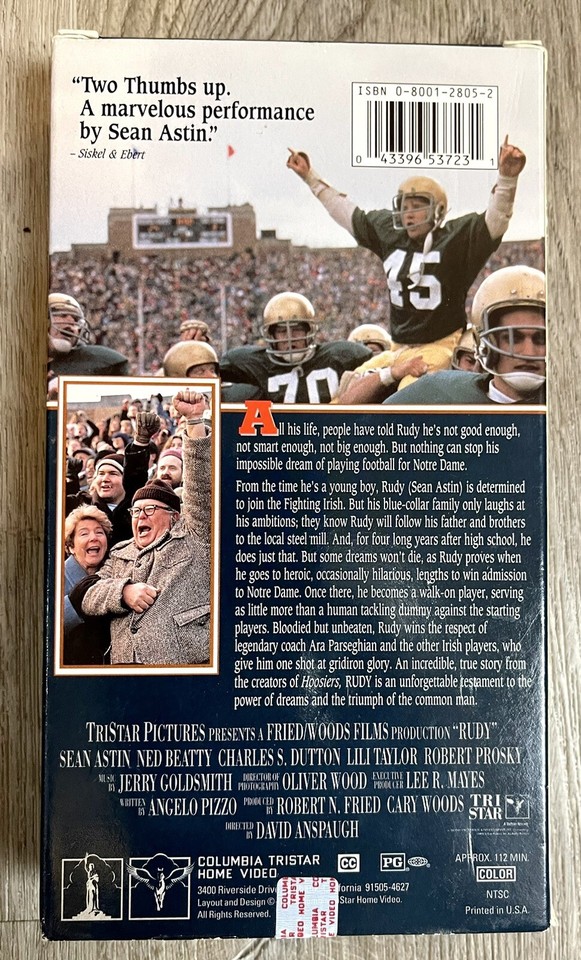 Rudy (VHS,1994) Sean Astin, Christopher Reed, Jon Favreau, Notre Dame ...