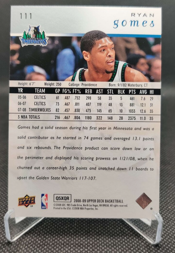 2008-09 Upper Deck #111 Ryan Gomes Minnesota Timberwolves basketball ...