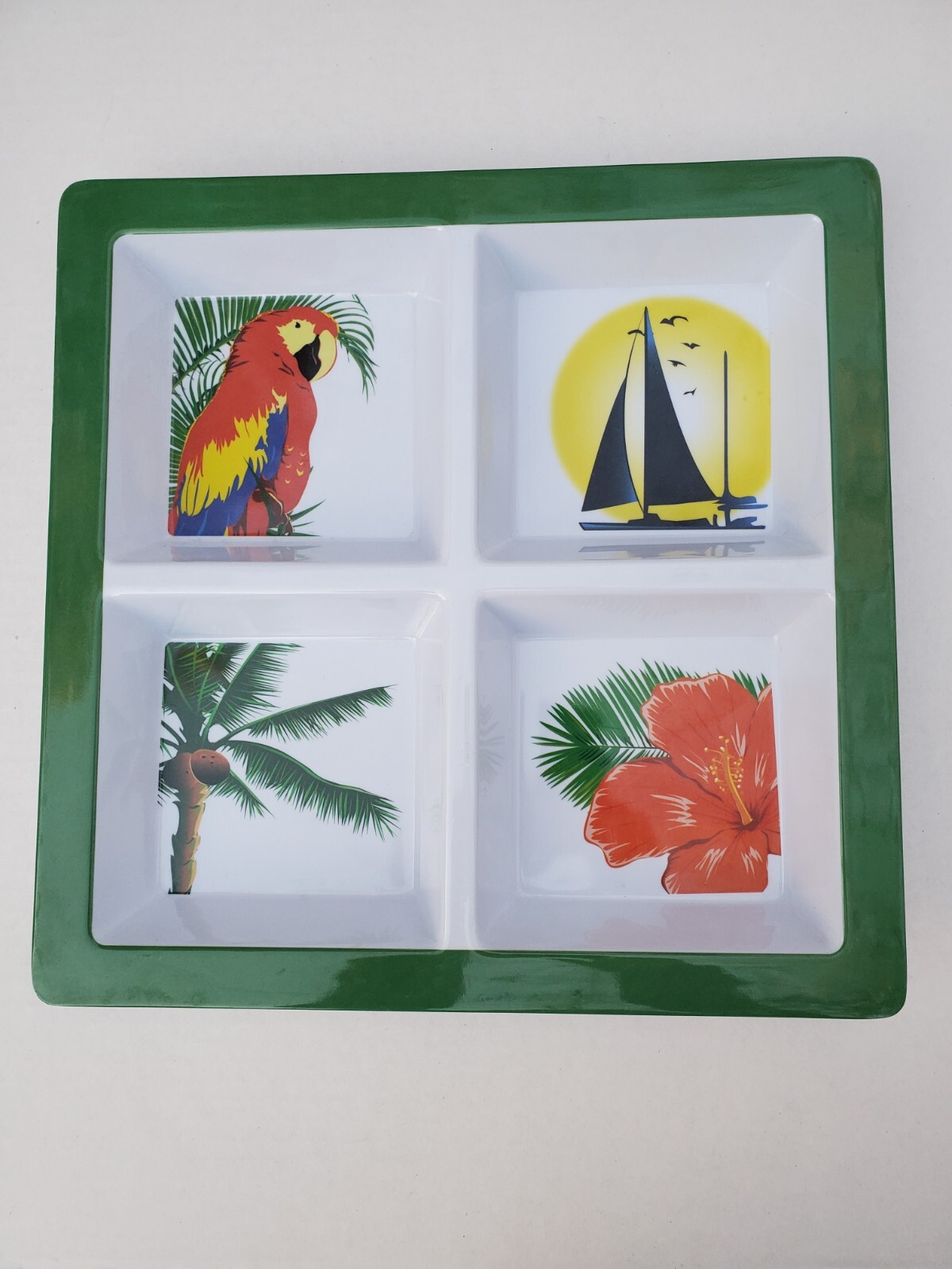Set Of 2 Divided Tropical Palm Tree Sail Boat Parrot Hibiscus Serving ...