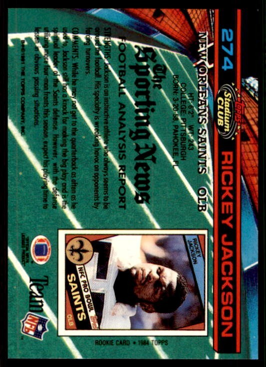1991 TOPPS STADIUM CLUB FOOTBALL CARD NEW ORLEANS SAINTS #274 RICKEY ...