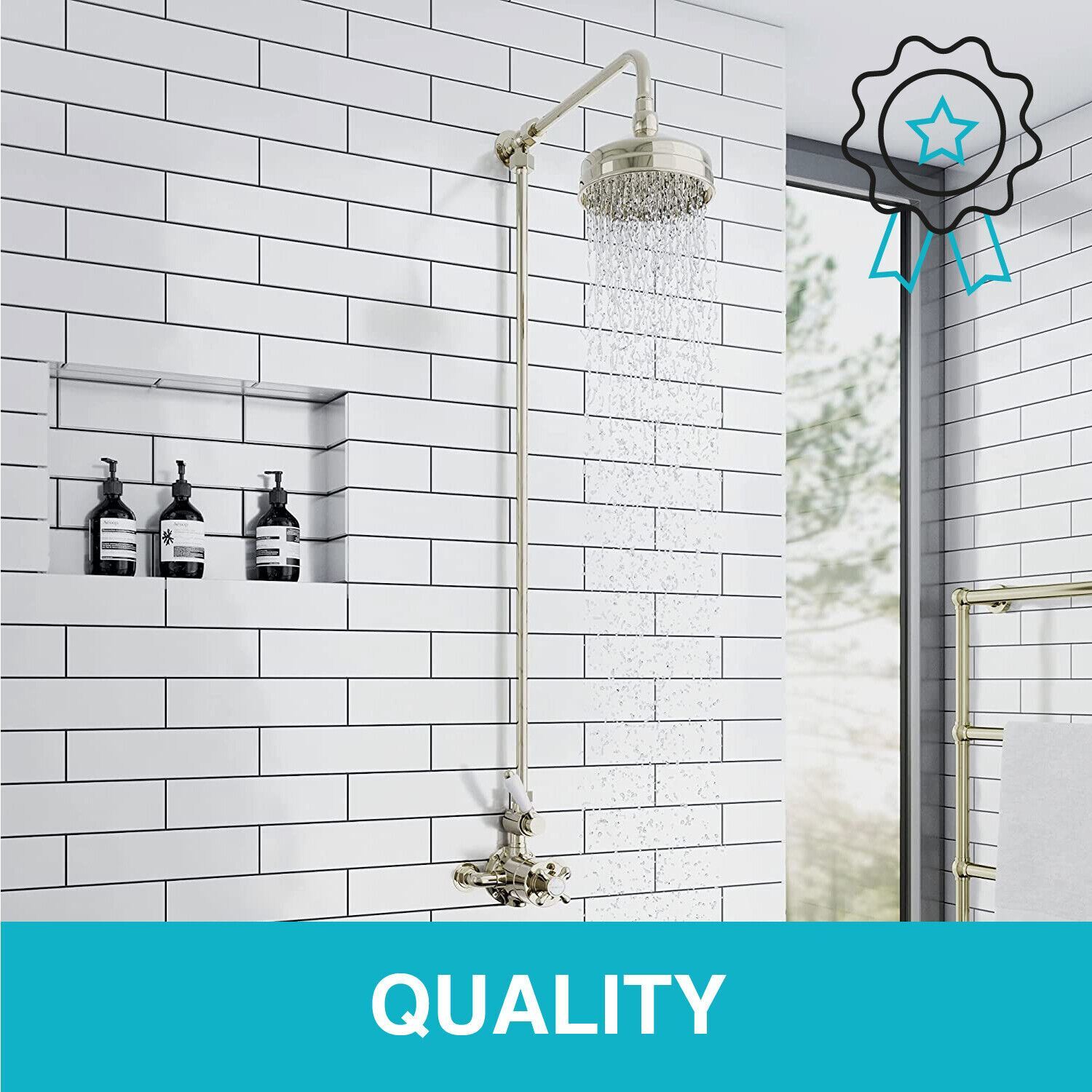 Shower Head Caddy Mixer Valve Riser Rail Downton Thermostatic Gold ENKI ...