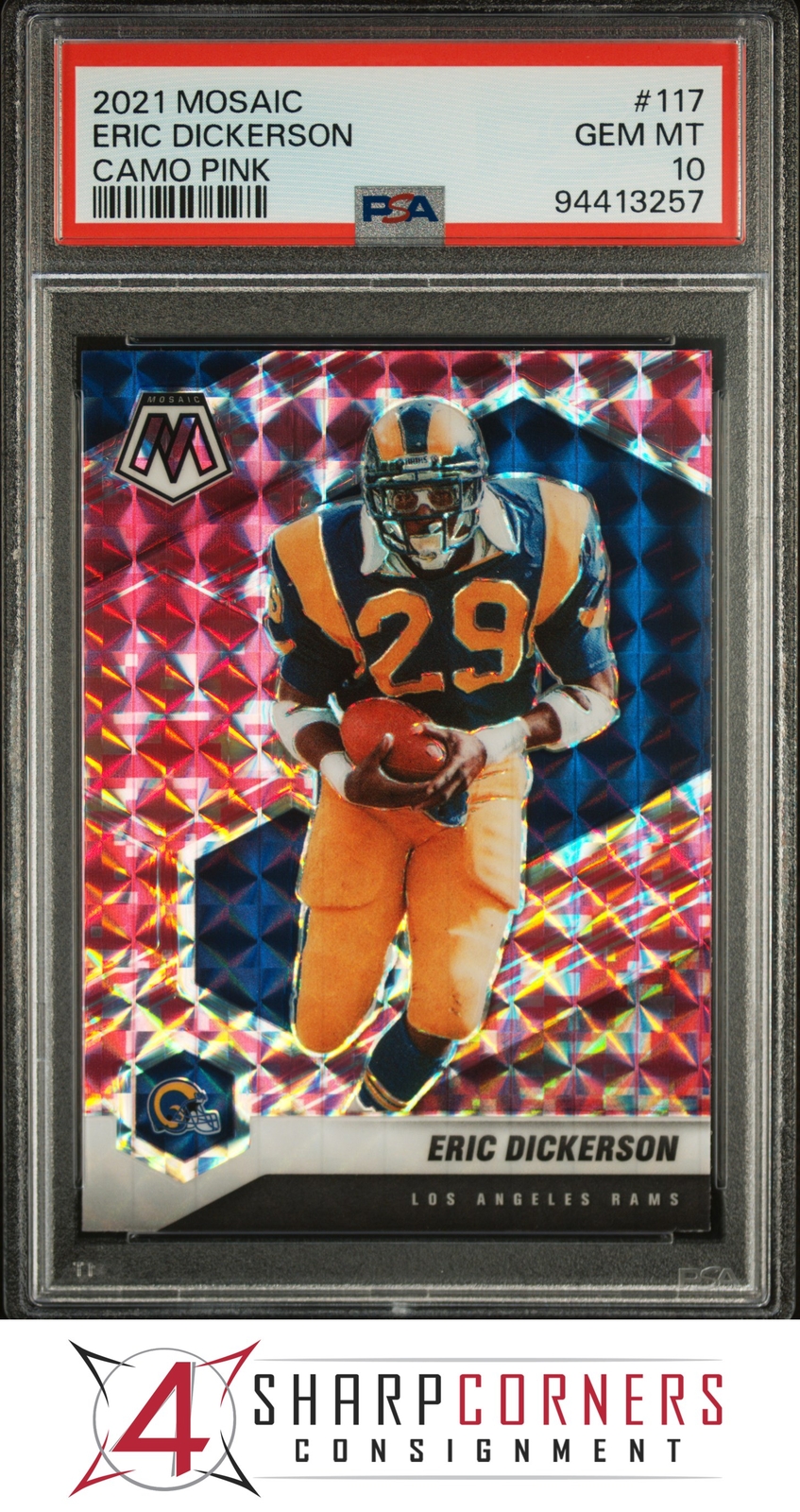 2021 MOSAIC CAMO PINK PRIZM #117 ERIC DICKERSON HOF POP 2 PSA 10 ...