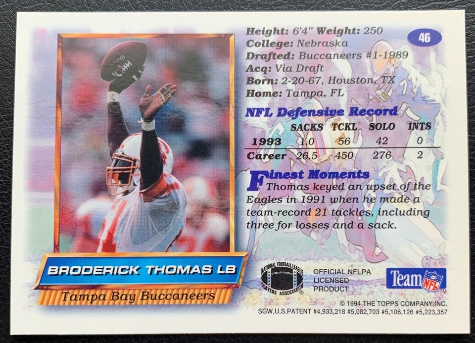 1994 TOPPS FINEST FOOTBALL BRODERICK THOMAS #46 TAMPA BAY BUCCANEERS EX ...