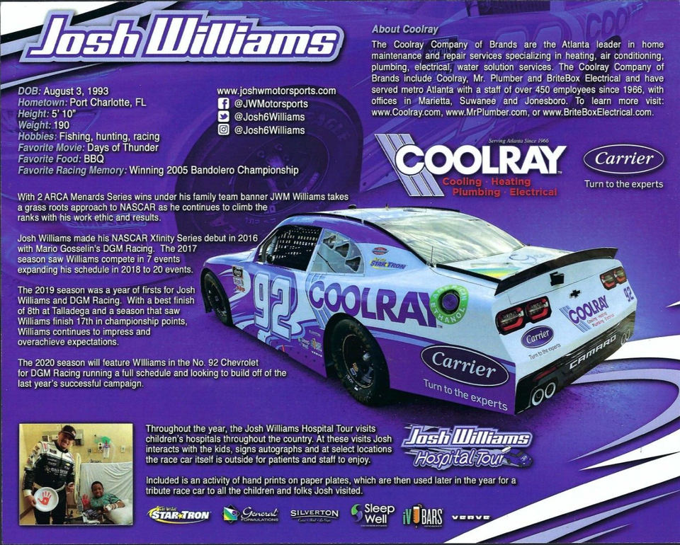 2020 JOSH WILLIAMS “COOLRAY” #92 NASCAR XFINITY SERIES POSTCARD | eBay