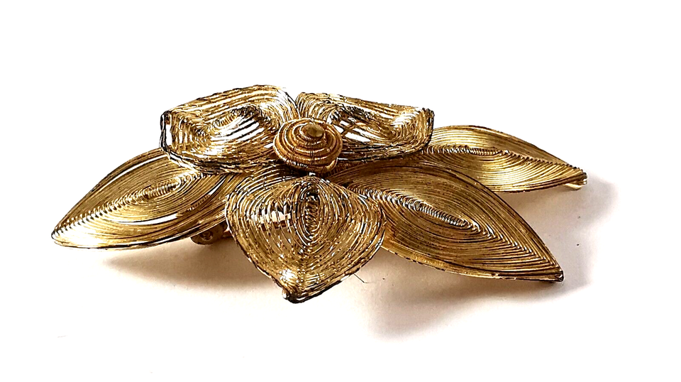 Vintage Filigree Brooch Flower Handmade Wire Hand Art Work Gilded Metal ...