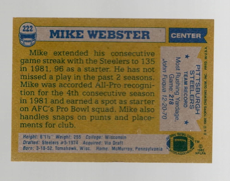 1982 Topps #222 Mike Webster NM/Mint | eBay