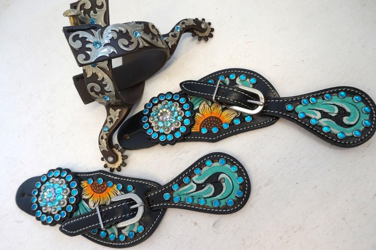 Ladies Super Bling Dk Floral Painted Spur straps OPTION of Teal crystal ...