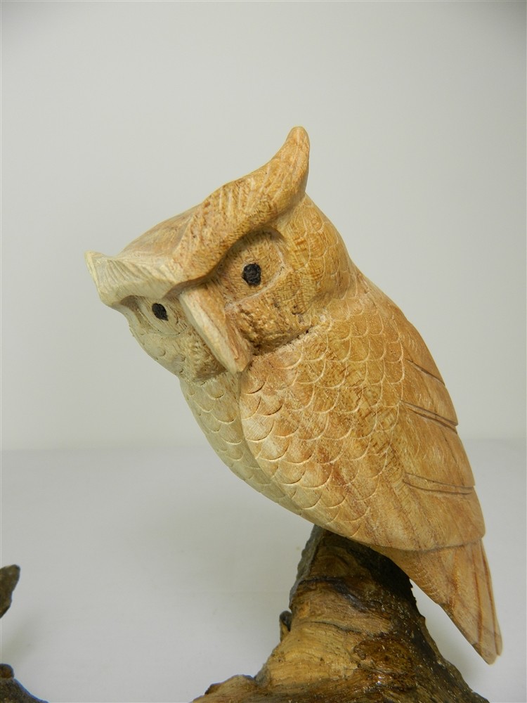 Wooden Owl Carving - Horned Owl on Root Wood | eBay UK