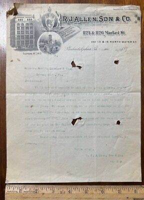 1890s graphic letterhead RJ Allen building vase peacock fruit jars ...
