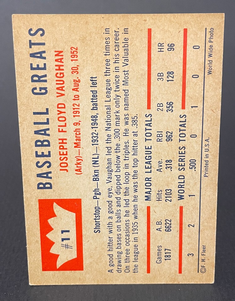 1960 Fleer - Baseball Greats #11 - Arky Vaughan - EX/MNT | eBay