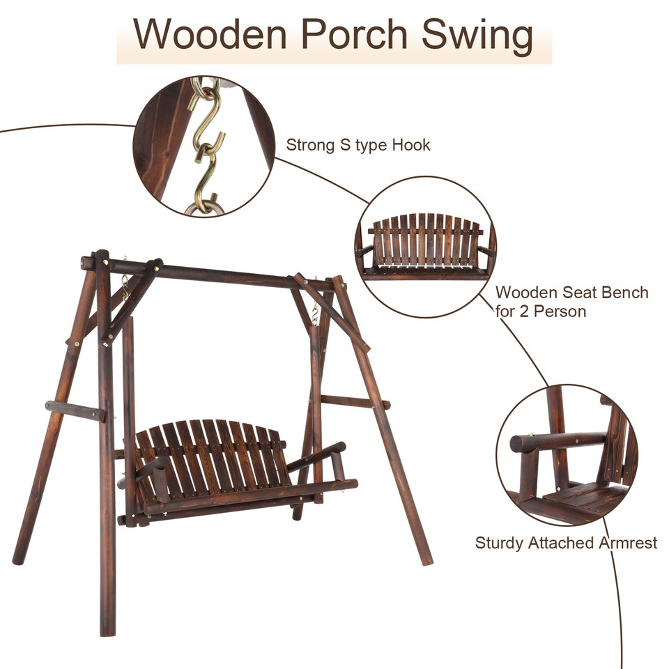 Wooden Porch Swing Outdoor Patio Rustic Torched Log Curved Back Bench A ...