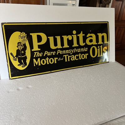 Vintage PURITAN PENNSYLVANIA MOTOR OIL Advertising Porcelain SIGN 42”x ...