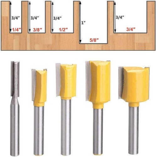 5 Pcs 1/4" Shank Straight Router Bit Set Wood Milling Cutter ...
