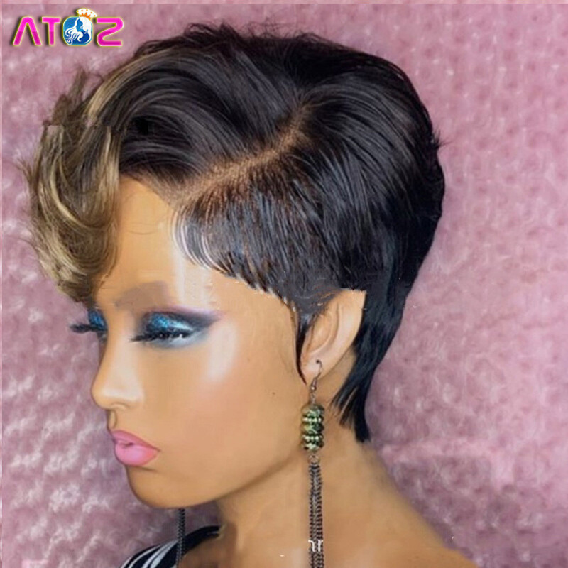 Side Bangs Pixie Cut Wig Short Curly Wavy Black Blonde Side Part Wigs ...