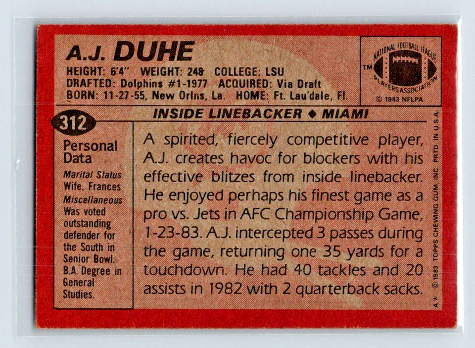 1983 Topps A.J. Duhe #312 Football Miami Dolphins 83-T-FBC #8 | eBay