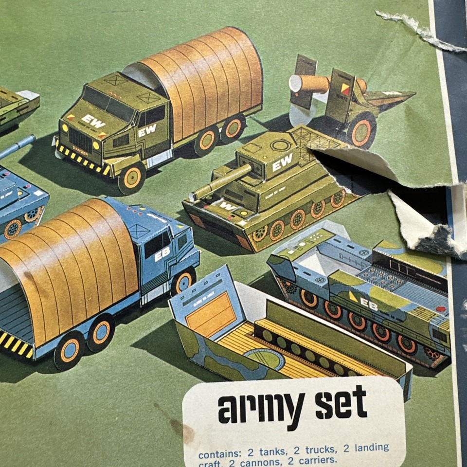 VTG 1964 Eldon Snippy Scissors Paper Toys Army Set Tanks Trucks ...