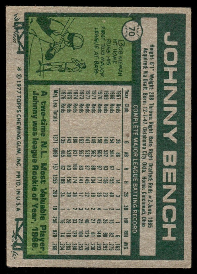 1977 Topps JOHNNY BENCH #70 Cincinnati Reds HOF | eBay