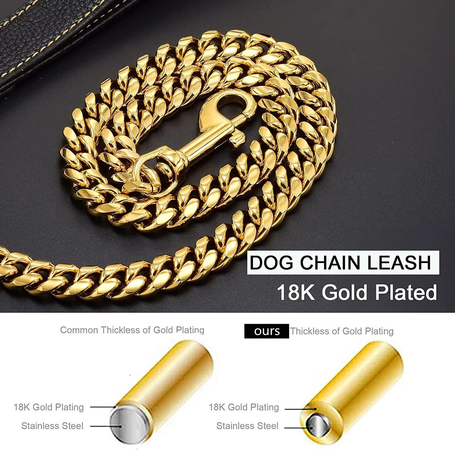 Cuban Link Chain Dog Leash Gold Plated/Rose Gold Dog Chain Leash 10 ...