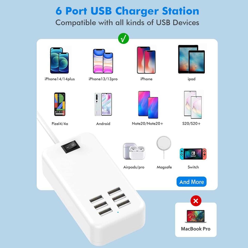 Multi 6 Port USB Hub Wall Charger Station Fast Charging AC Power ...