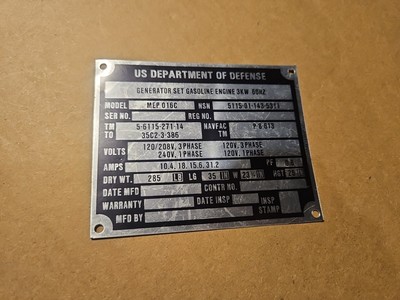 Data Plate For Generator Set Gasoline Engine 3KW 60HZ MEP016C | eBay ...